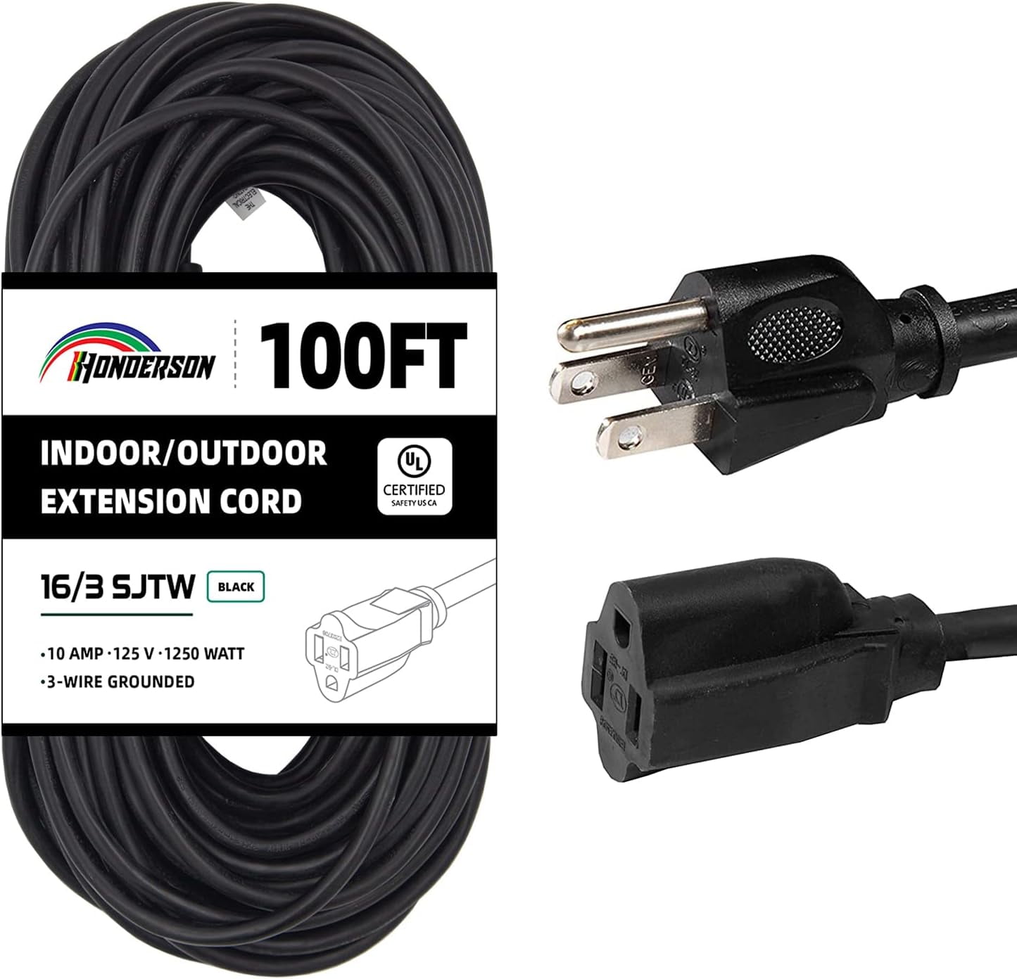 HONDERSON 100FT Outdoor Extension Cord-16/3 SJTW Durable Black ...