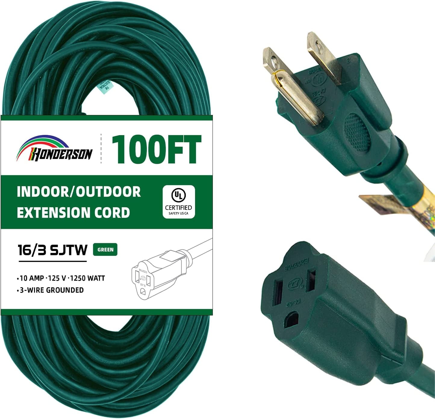 HONDERSON 100FT Outdoor Extension Cord, 16/3 SJTW Durable Green ...