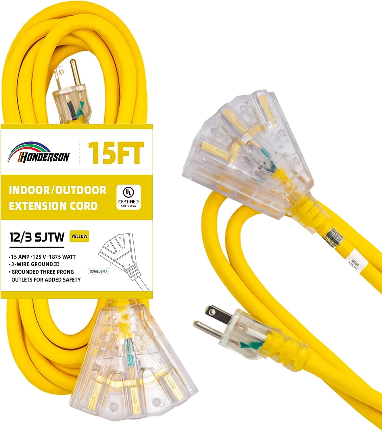 HONDERSON 15 FT Lighted Outdoor Extension Cord with 3 Power Outlets,12/ ...