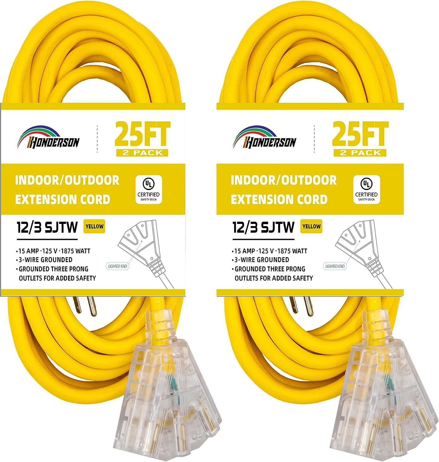 HONDERSON 2pk 25FT Outdoor Extension Cord, 3-Prong Grounded Plug, Tri ...