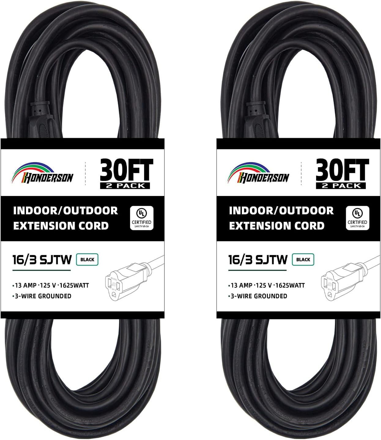 HONDERSON 2 Pack 30FT Outdoor Extension Cord-16/3 SJTW Durable Black ...