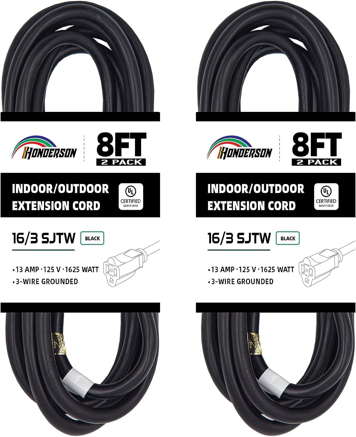 HONDERSON 2 Pack 8FT Outdoor Extension Cord,16/3 SJTW Durable Black ...