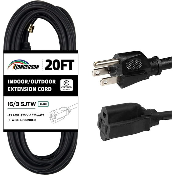 HONDERSON 20ft Outdoor Extension Cord, 16/3 SJTW Durable Black ...