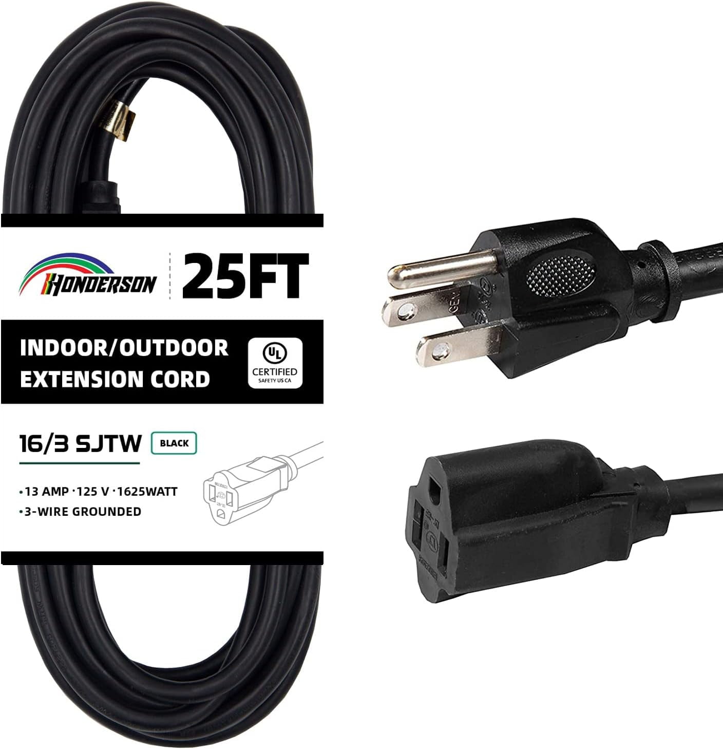 HONDERSON 25FT Outdoor Extension Cord-16/3 SJTW Durable Black Extension ...
