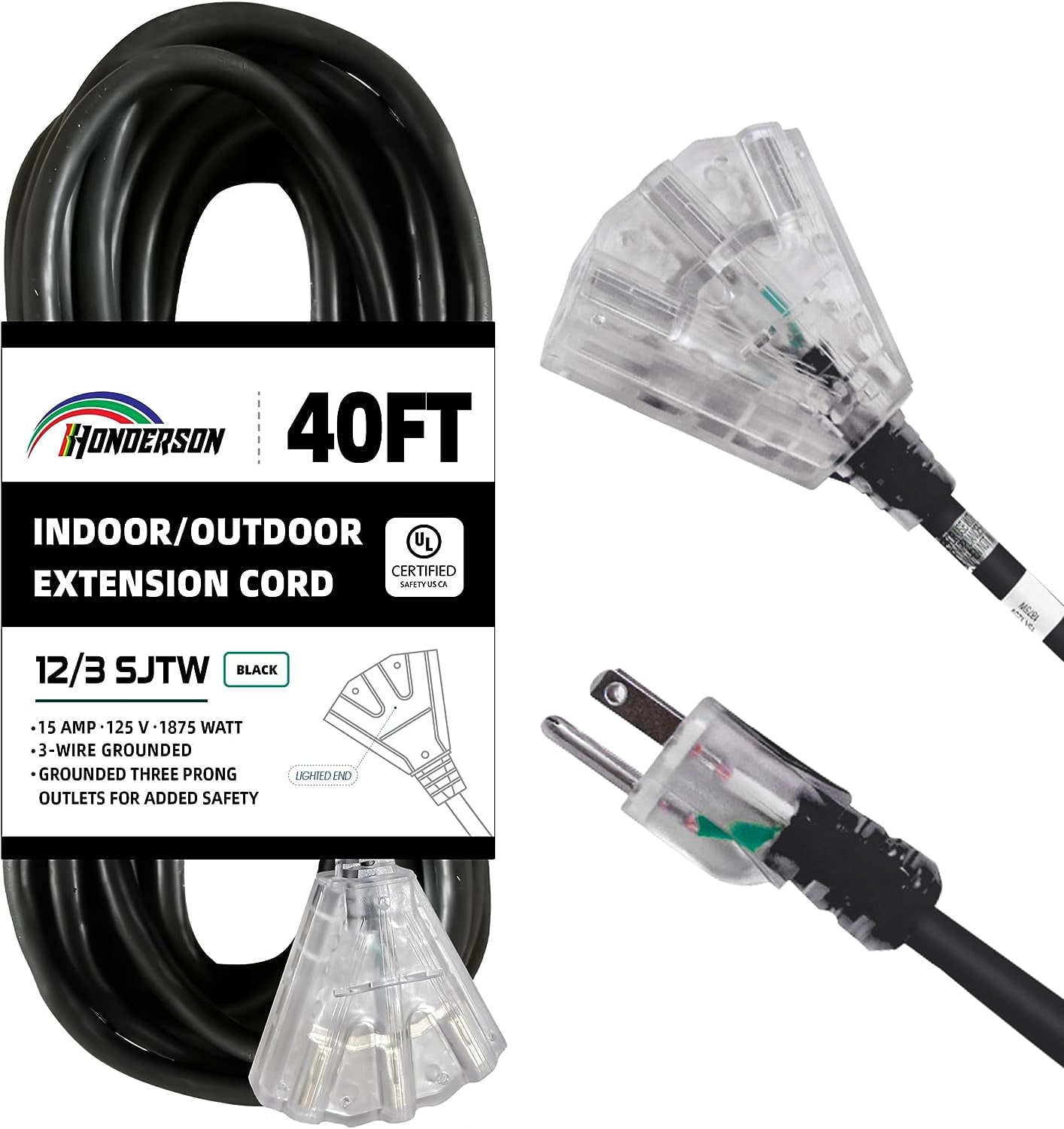HONDERSON 40FT Lighted Outdoor Extension Cord with 3 Power Outlets,12/3 ...