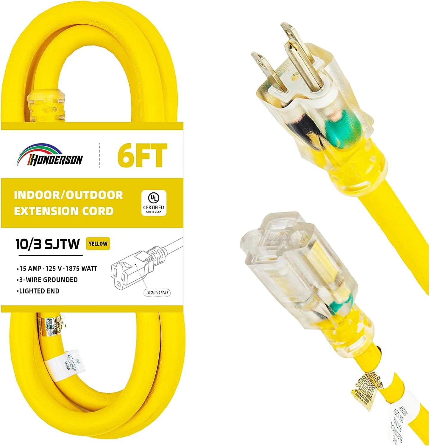 HONDERSON 6FT Lighted Outdoor Extension Cord , 10/3 SJTW Heavy Duty ...