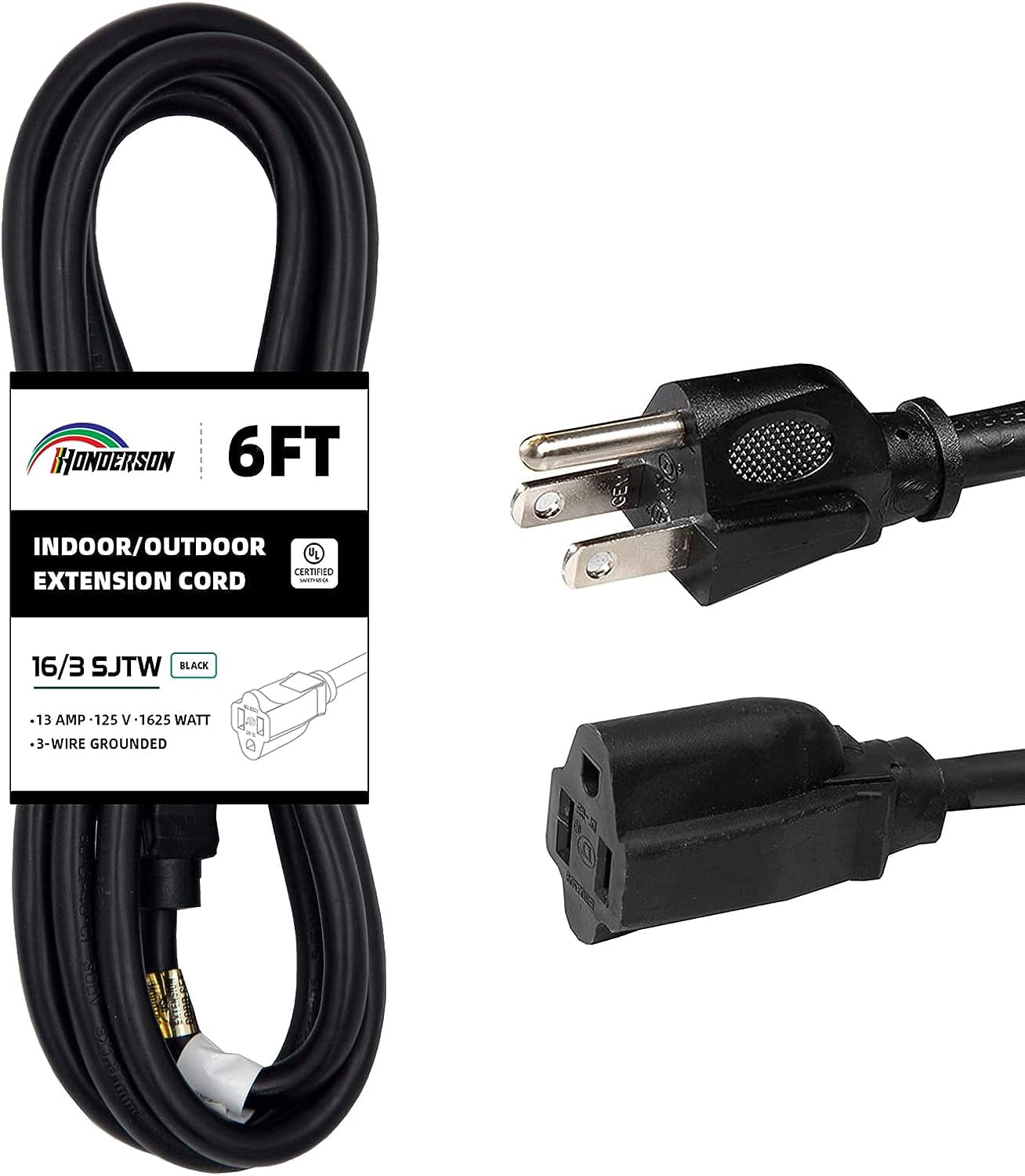 HONDERSON 6FT Outdoor Extension Cord,16/3 SJTW Durable Black Extension ...