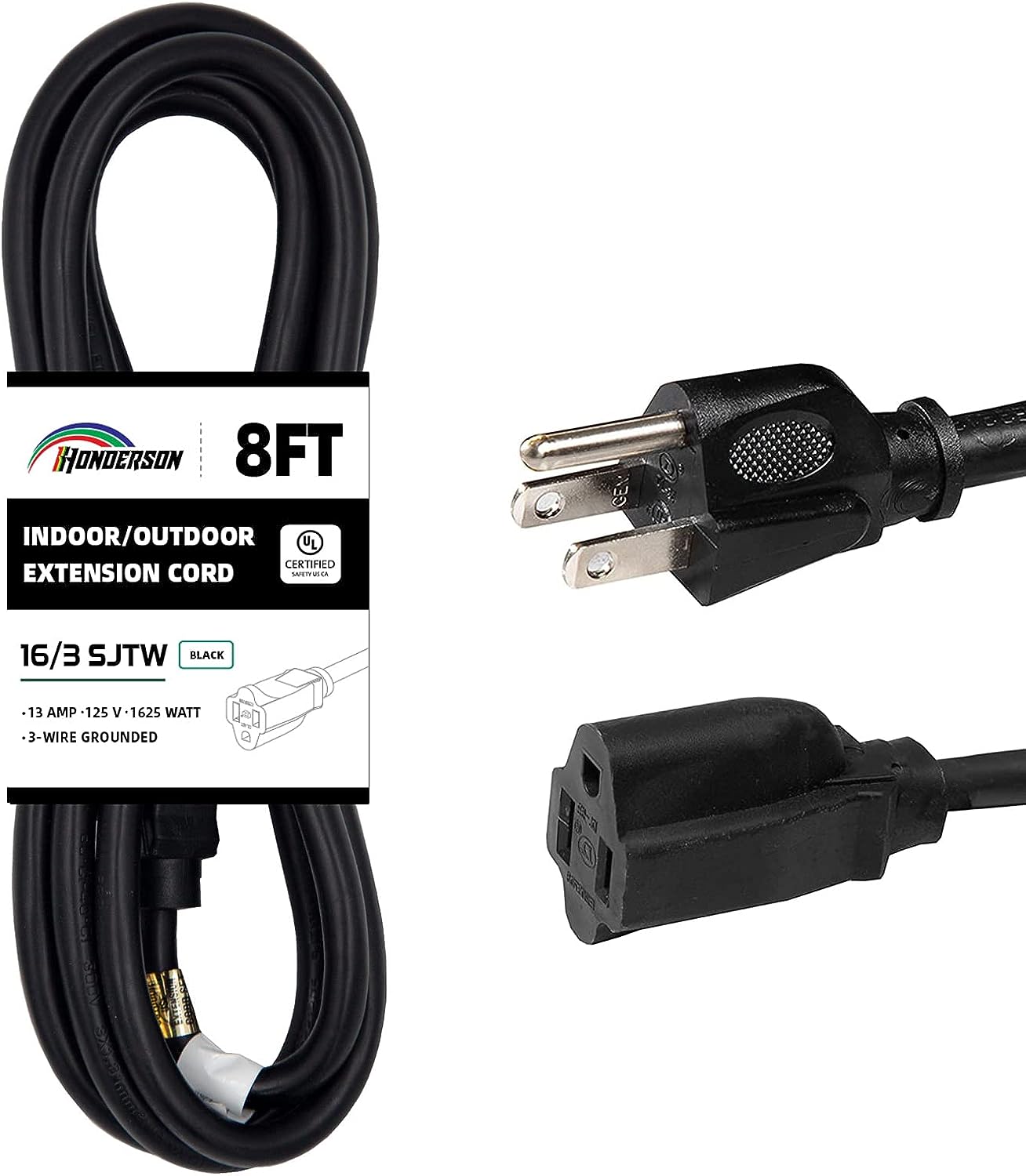 HONDERSON 8FT Outdoor Extension Cord,16/3 SJTW Durable Black Extension ...