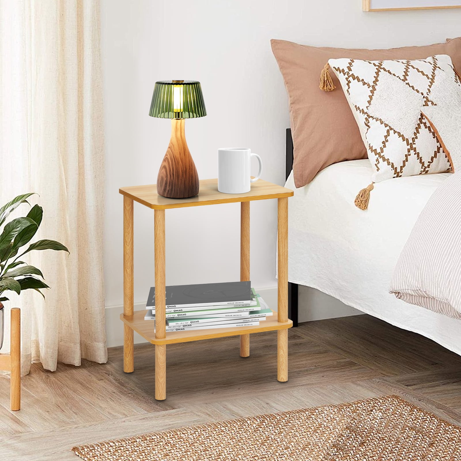 HONEIER Square Boho 2-Tier Side Table with Storage Shelf for Living ...