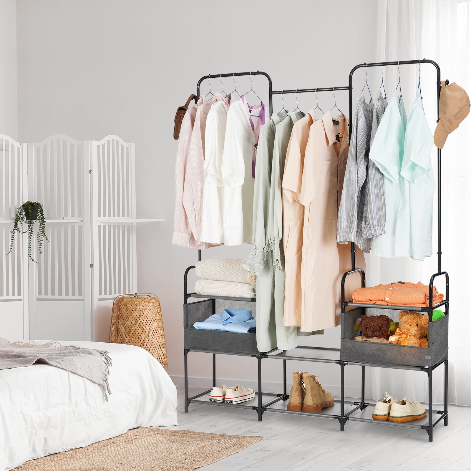 "HONEIER Clothing Rack, 3-Rail Garment Hanger with 6 Shelves, 2 Pockets ...