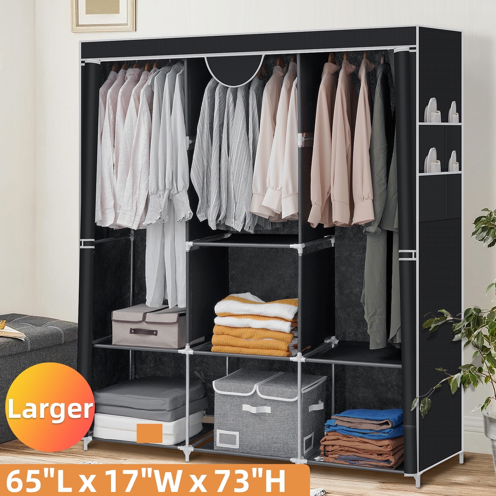 HONEIER Extra Large Closet Wardrobe, 65"Lx 73"H Portable Closet with 3 ...