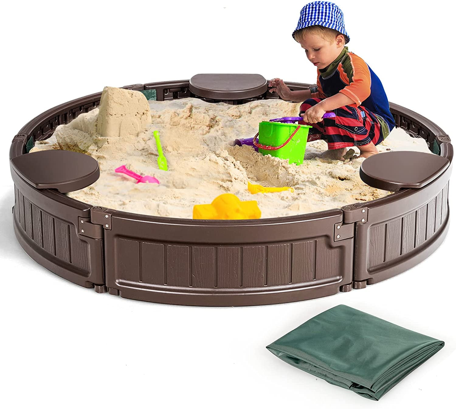 HONEY JOY Sandbox with Cover, 4FT Round Sand Pit for Backyard, 3 Built ...