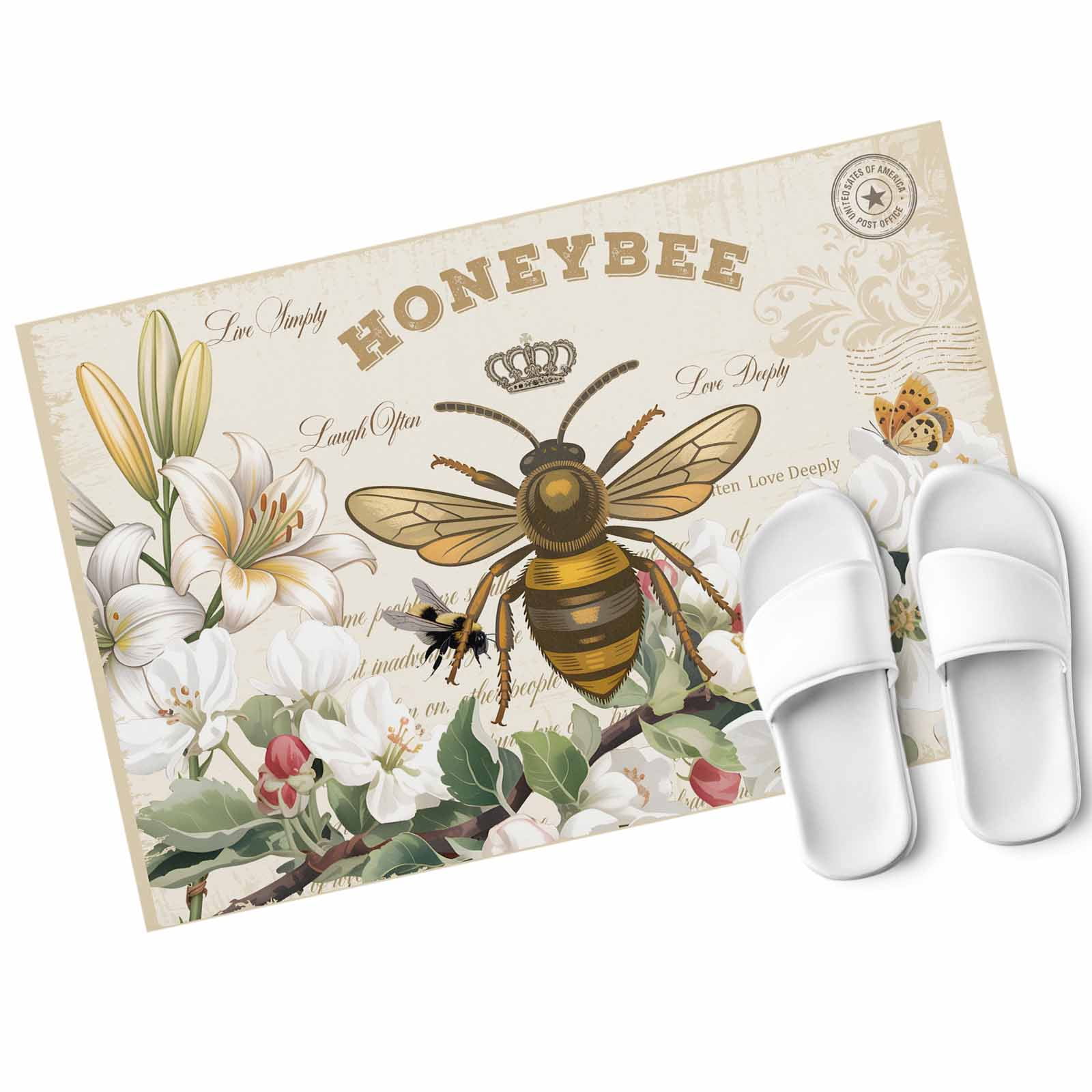 HONEYBEE Door Mat Bees Turquoise Farmhouses Antique Letters Non Slip ...