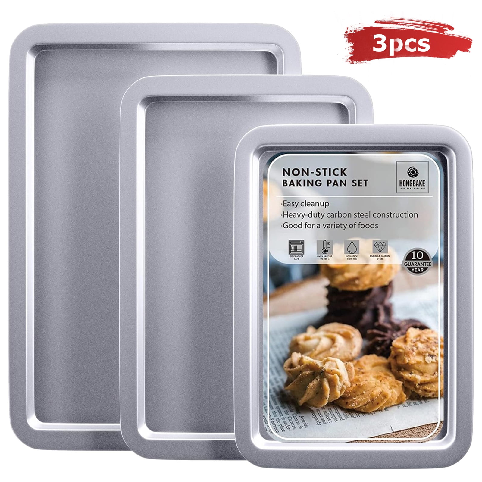 HONGBAKE Non-Stick Cooking Tray, 3 Pack Baking Sheet Set, Oven Pan with ...