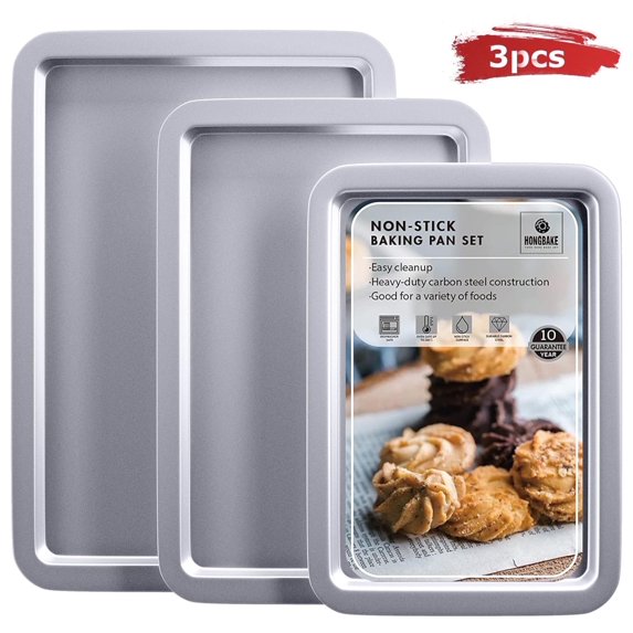HONGBAKE Non-Stick Cooking Tray, 3 Pack Baking Sheet Set, Oven Pan with ...