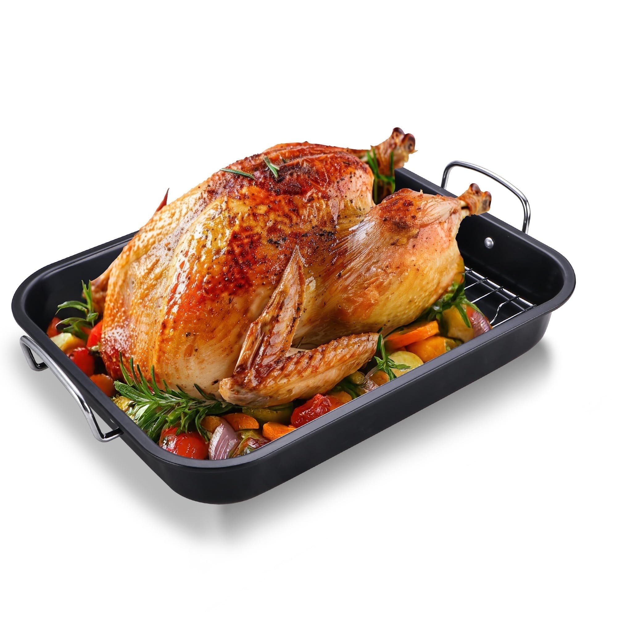 HONGBAKE Small Roasting Pan with Flat Rack 16"x11", Nonstick Chicken ...