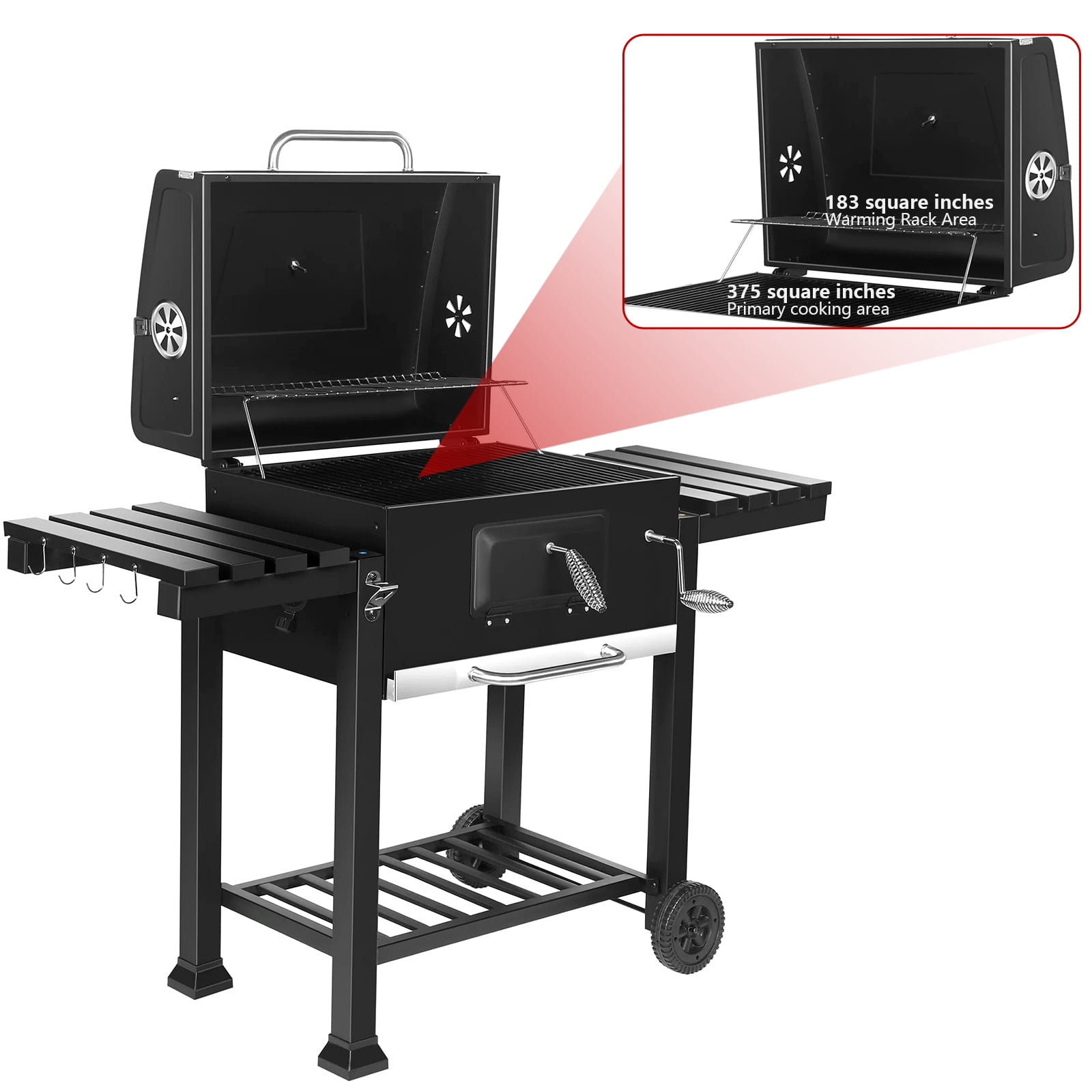 HONGGE Charcoal Grill Outdoor BBQ Grill with 2 Side Shelves, Wheels ...
