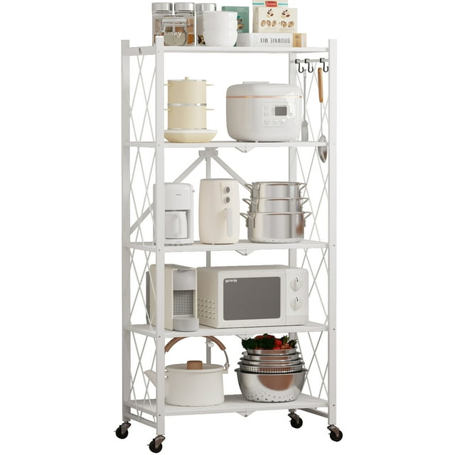 HONGGE Folding Shelf 5-Tier Foldable Storage Shelves with Wheels for ...