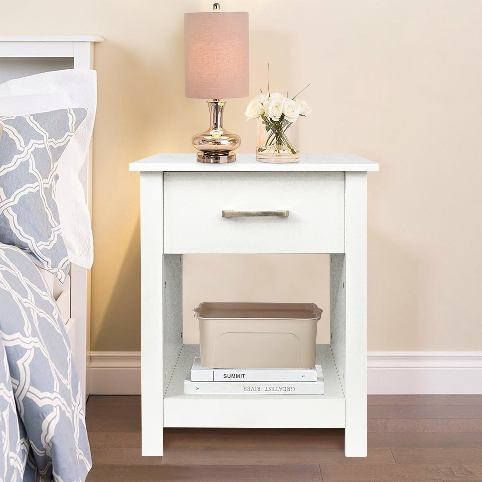 HONGGE Wooden Nightstand, White, with Drawer and Spacious Storage Shelf ...
