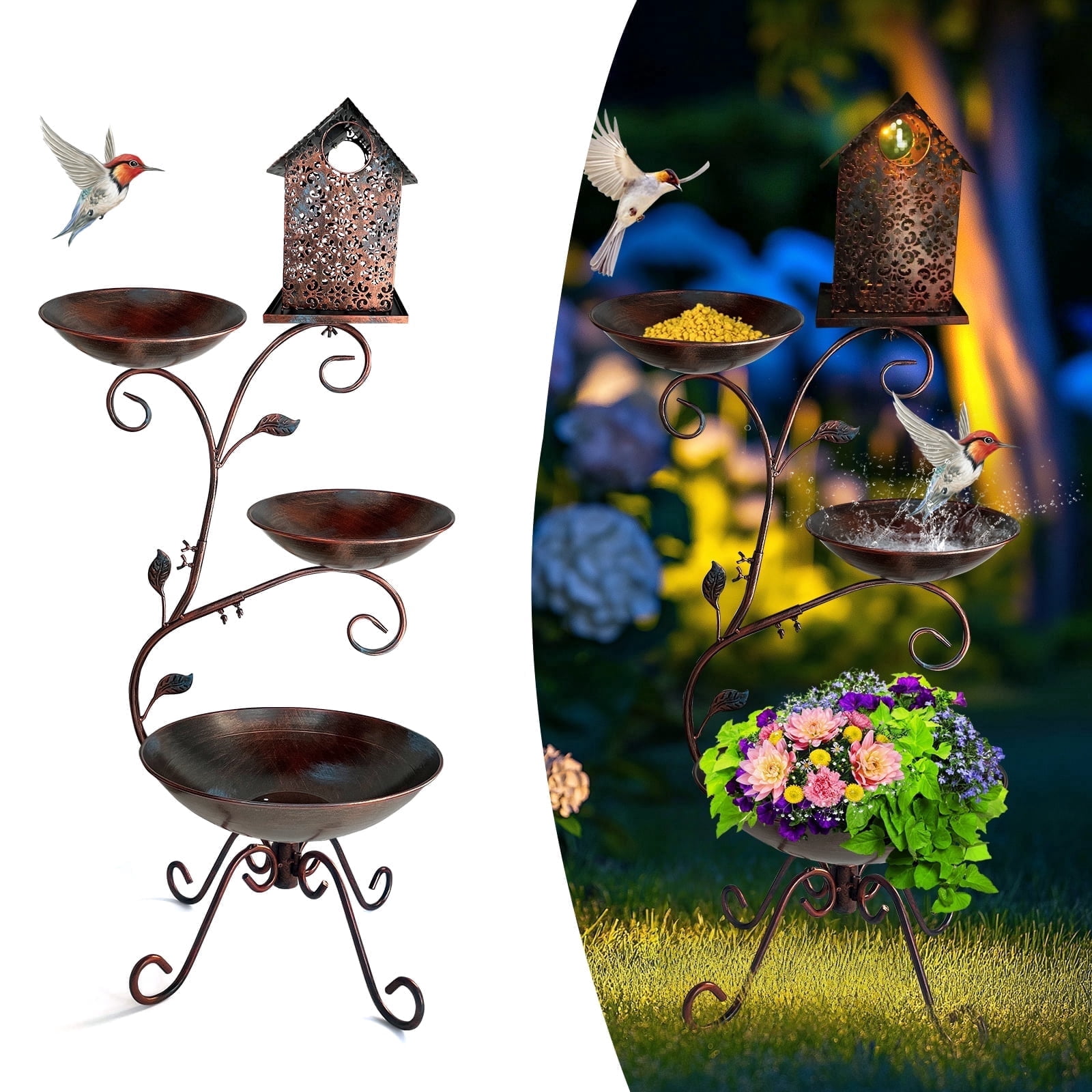 HONGLAND 37" Antique Brass Metal Bird Bath with Solar Lights, 4-in-1 ...