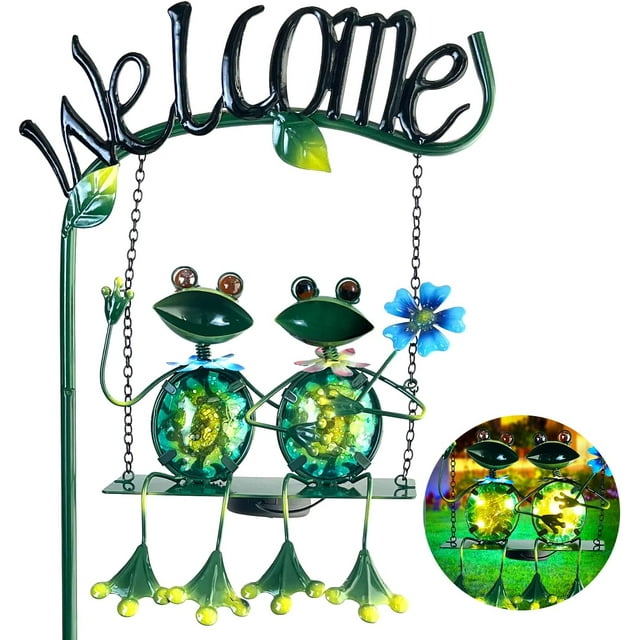 HONGLAND Outdoor Metal Frog Solar Garden Stake, Yard Decor, Welcome ...