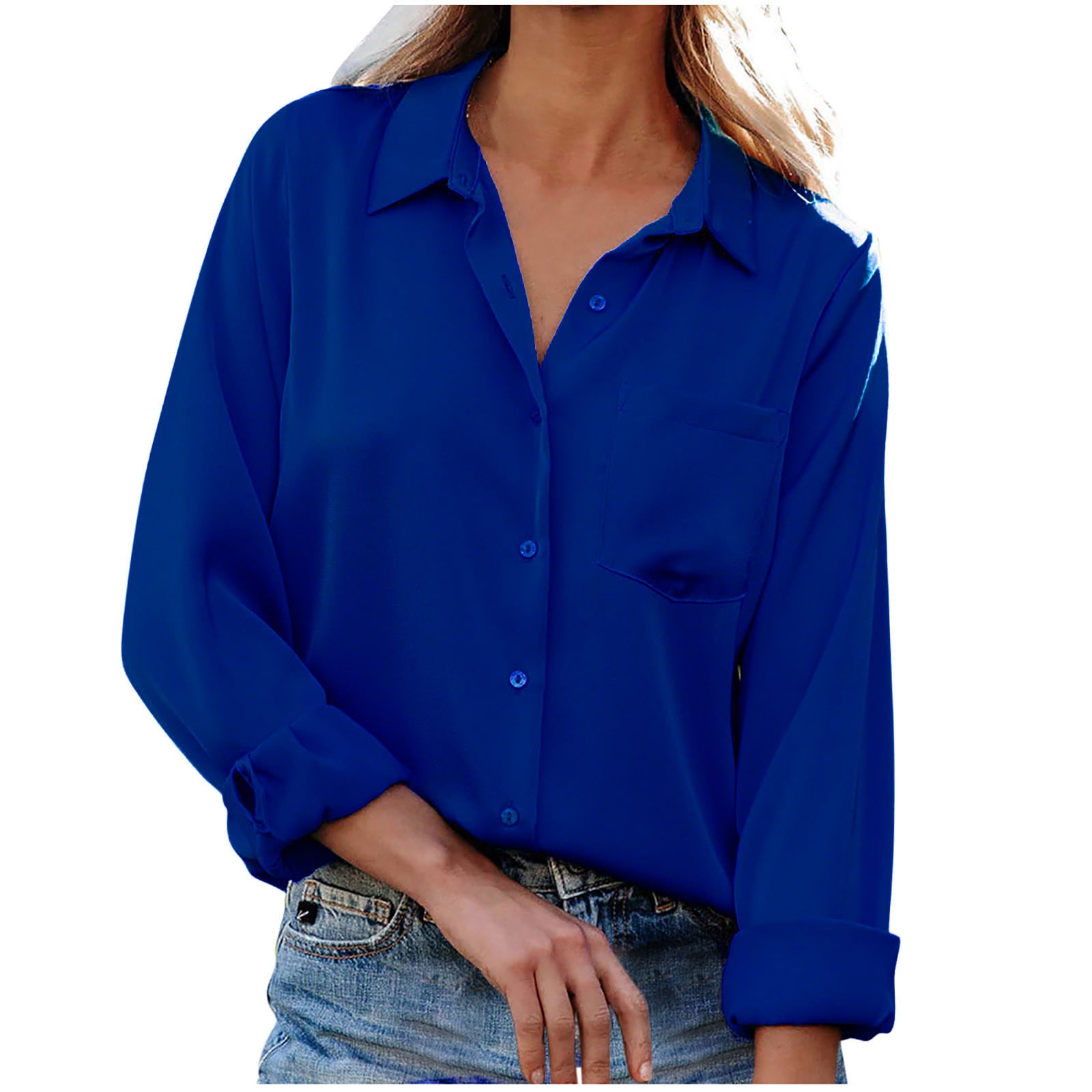 HONHUZH Plus Size Tops Womens Button Down Blouses Blouse Satin Silk ...