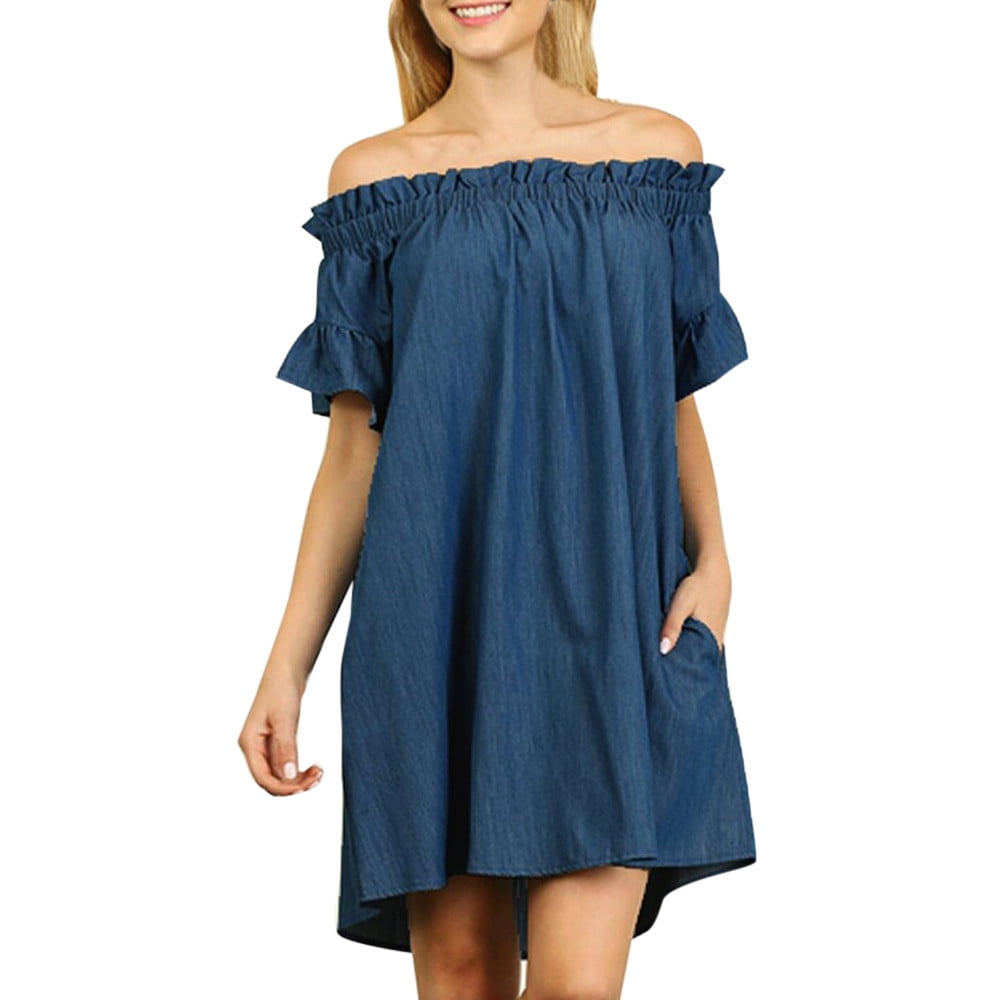HONHUZH Womens Casual Dresses Summer Plus Size Dress Off Shoulder Denim ...