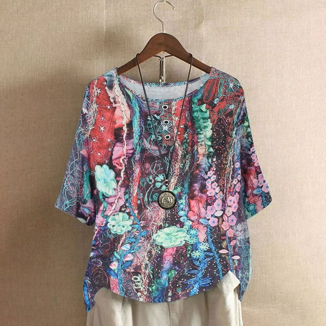 Honhuzh Womens Shirts Ladies Clearance Womens Summer Casual Round Neck