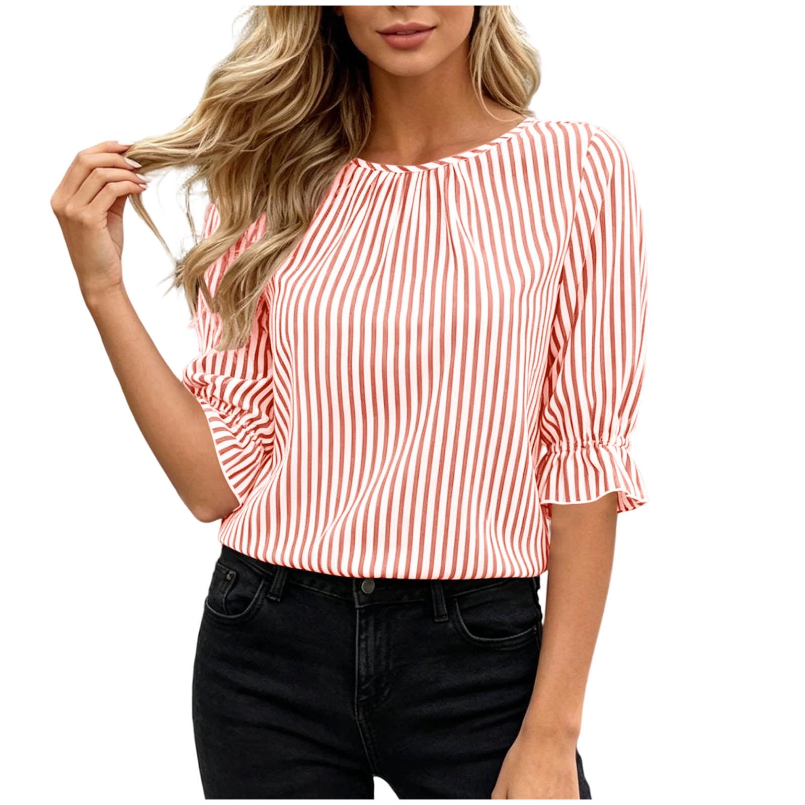 HONHUZH Womens Summer Tops Back Button Up Crew Neck Striped Pleated ...
