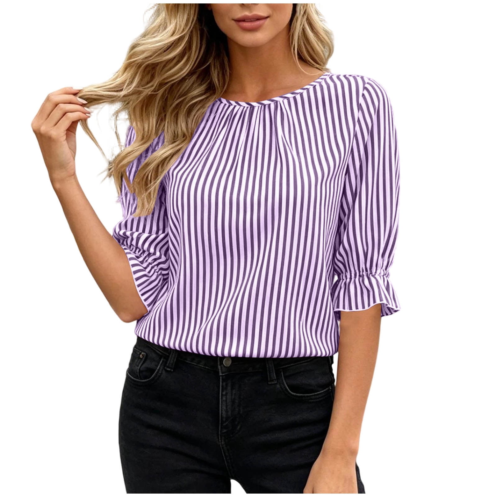 HONHUZH Womens Summer Tops Back Button Up Crew Neck Striped Pleated ...