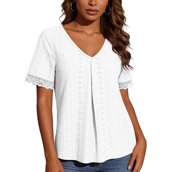 HONHUZH Womens Summer Tops Lace Patchwork Short Sleeve V Neck Cut Out ...