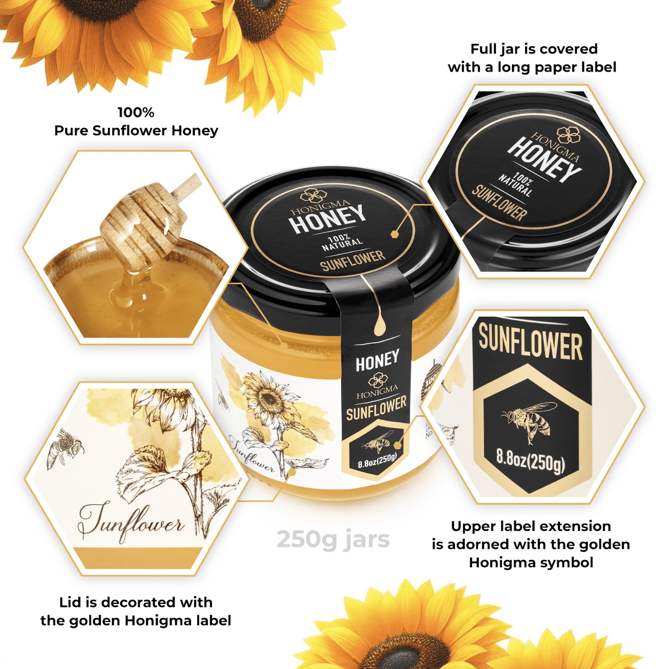 HONIGMA Sunflower Honey: 100% Pure, Unpasteurized, Unfiltered, Royal ...