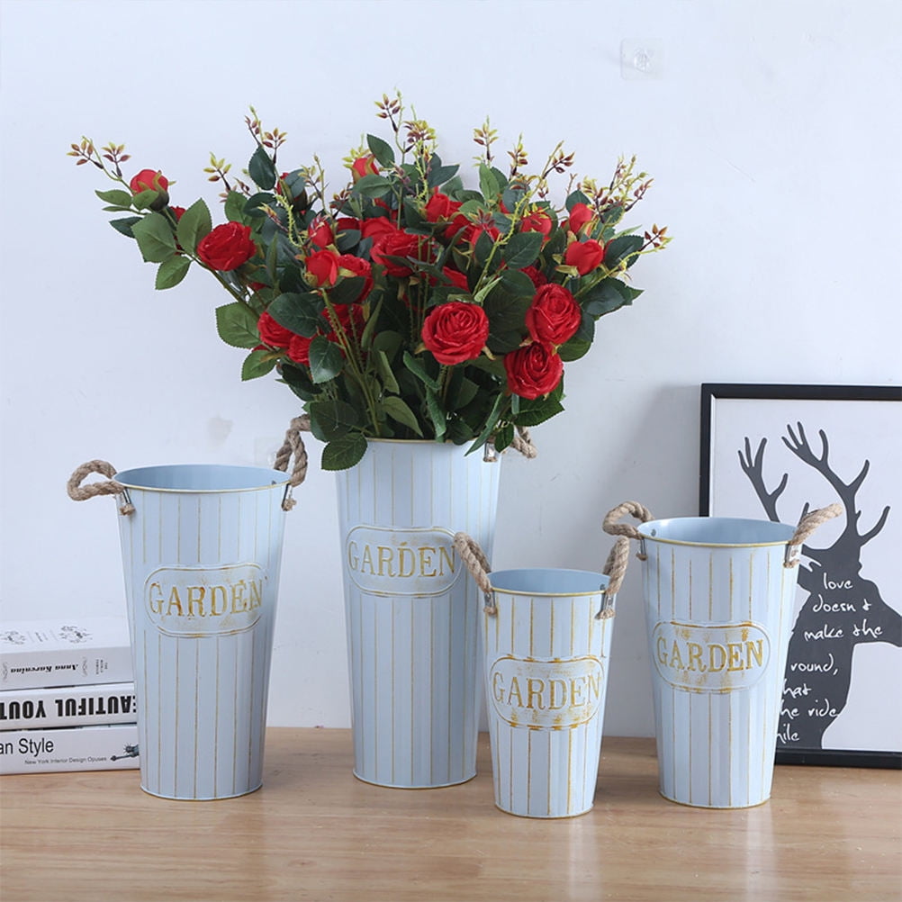 HONITANO 1Pack Blue Iron Flower Bucket for Home Decor 11.8x7.2in Round ...