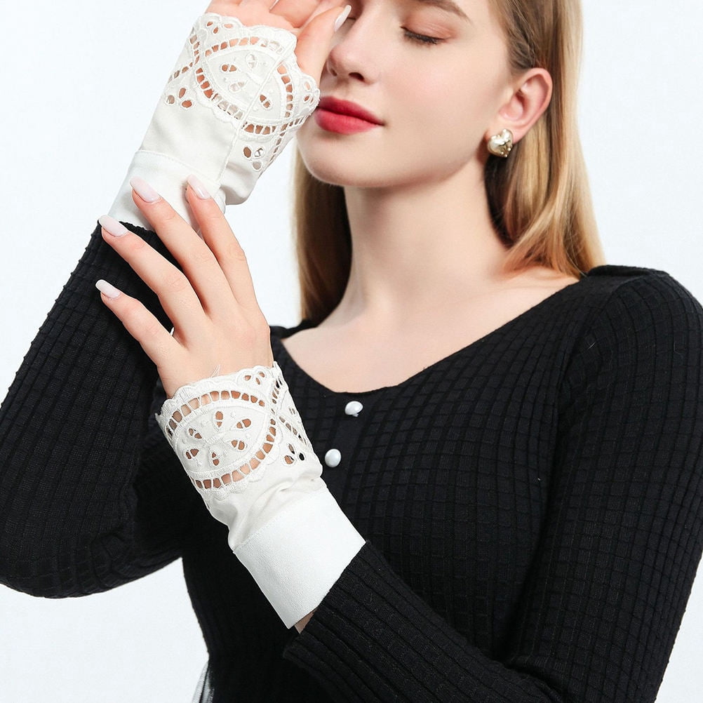 HONMEET 1 Pair Lolita Lace Cuffs in White Fabric for Wrist Flared and ...