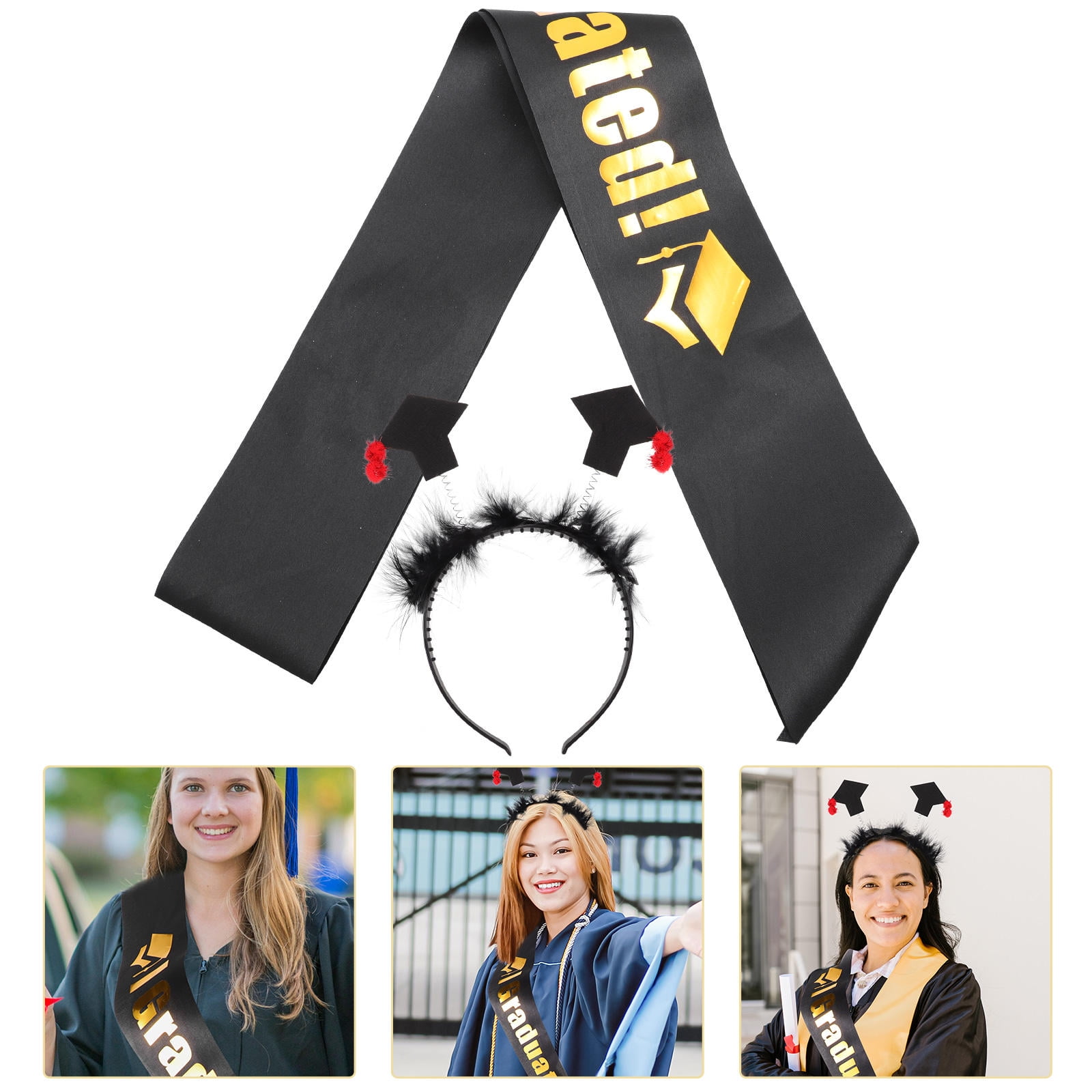 HONMEET 1 Set Graduation Sash And Mini Graduation Cap Headband Red Felt ...