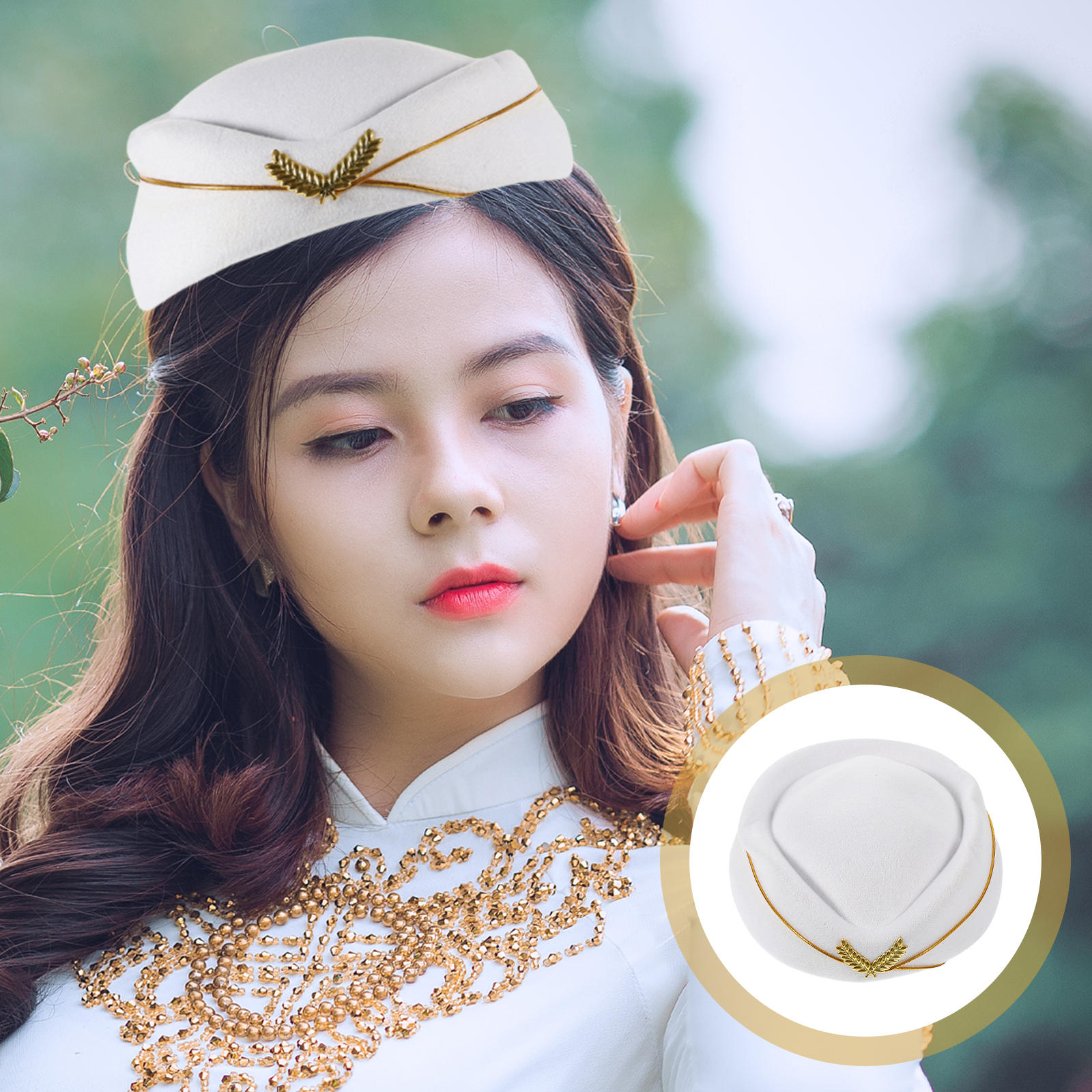 HONMEET 1Pcs Beige Wool Stewardess Hat for Stewardess Costume and Stage ...