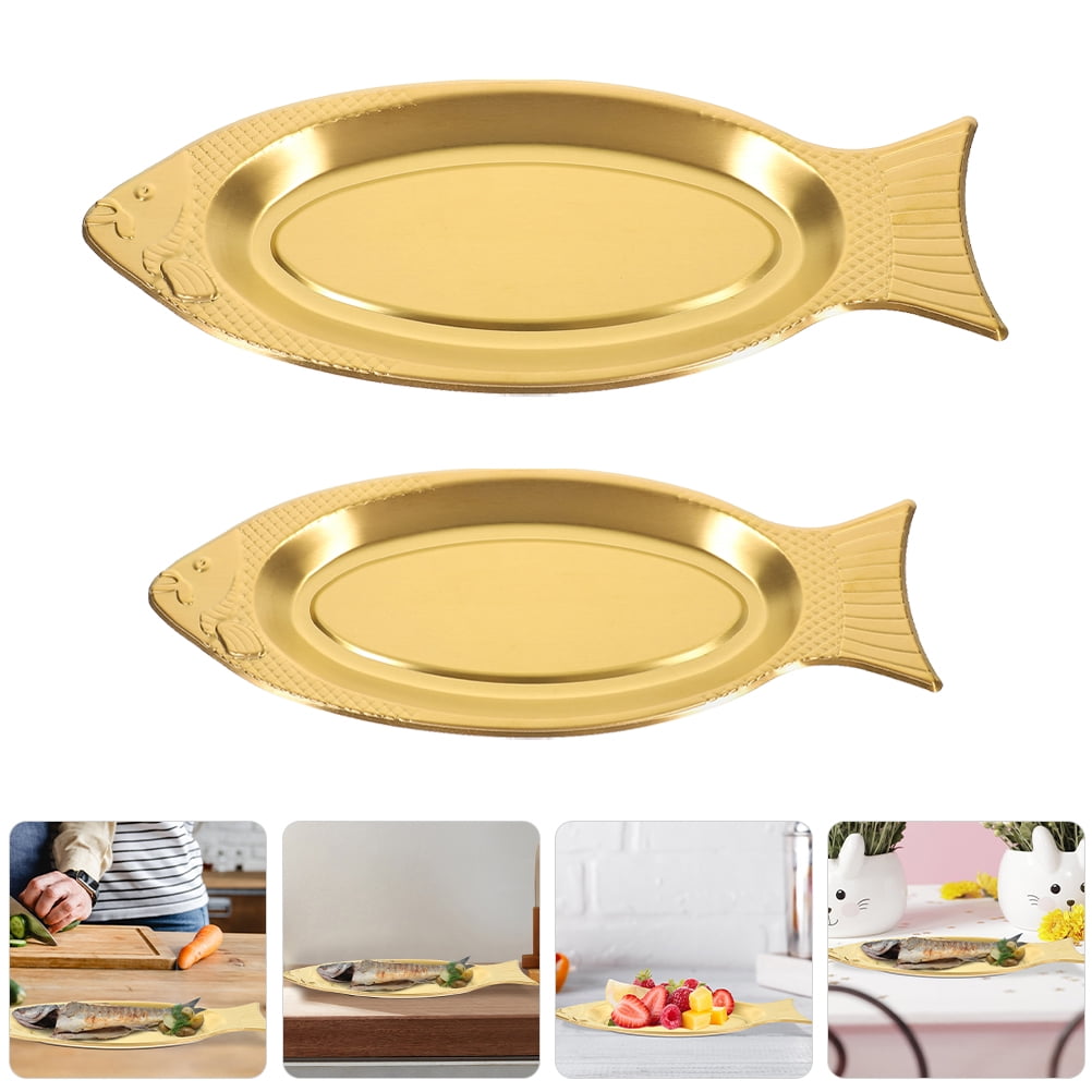HONMEET 2Pcs Silver Fish Serving Plate Stainless Steel Dinner Plate for Family Gatherings and ...