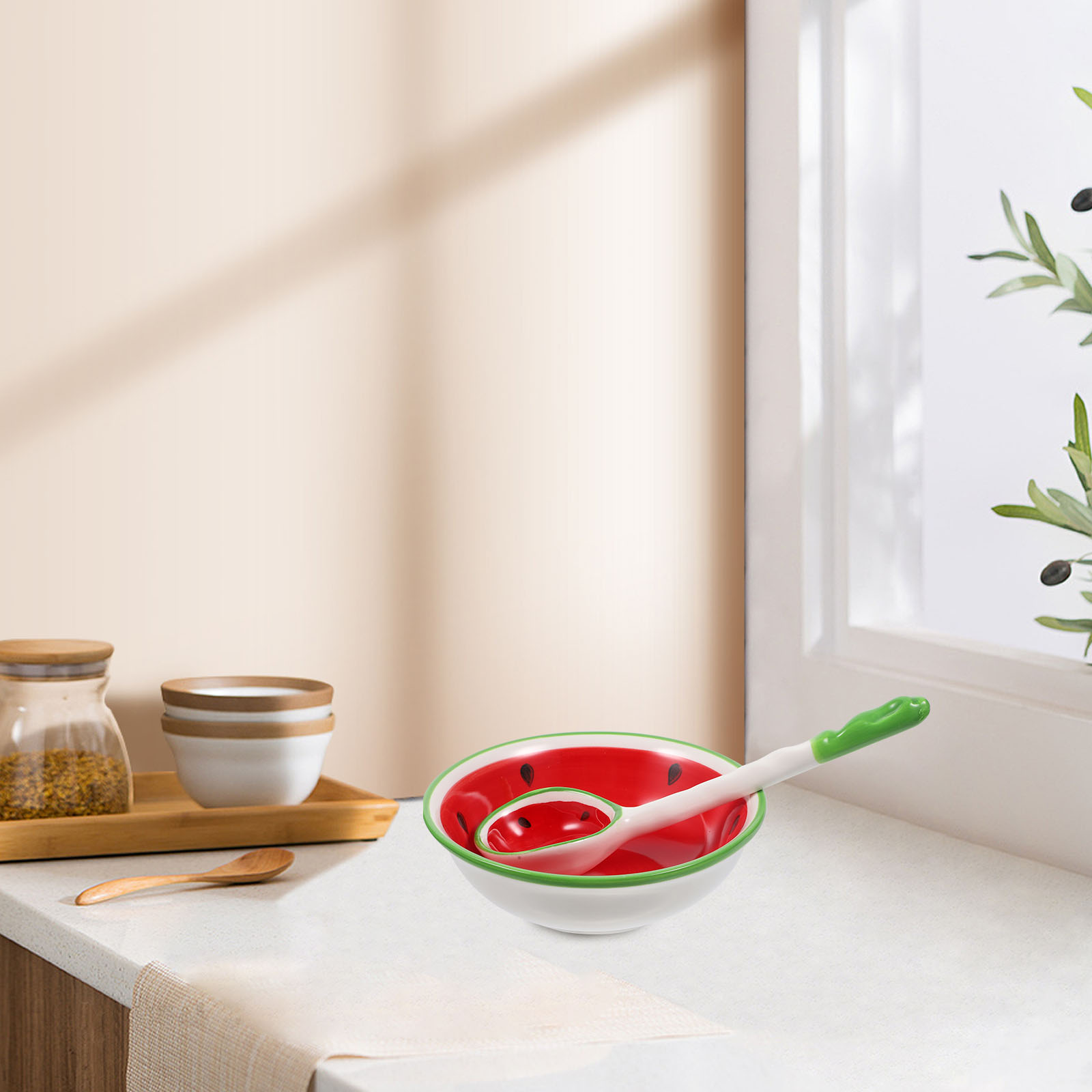 HONMEET 1Set Red Ceramic Bowl with Spoon Lovely Fruit Print for Soup ...