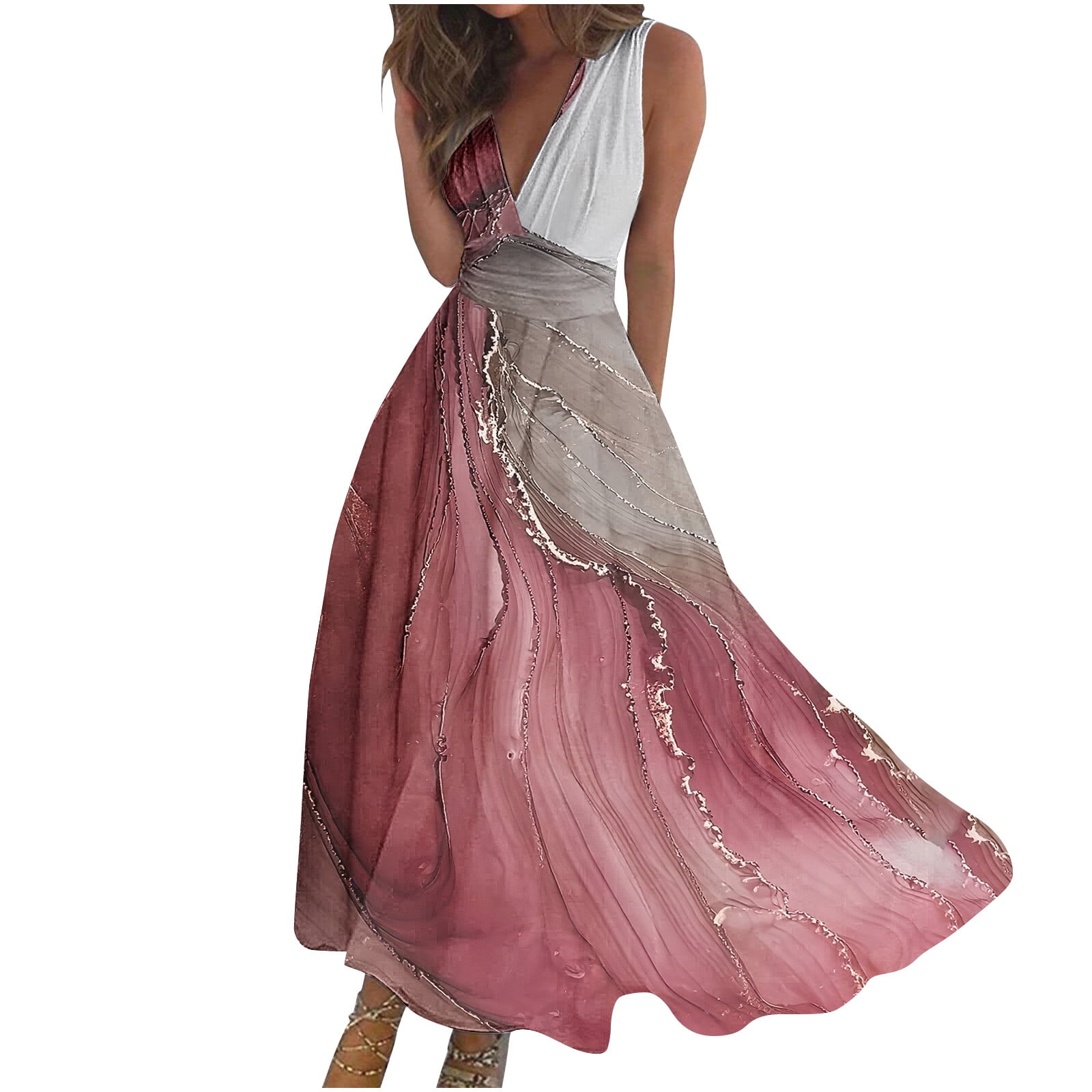 HONVEIO Dress for Women Women's Spring/Summer Sleeveless Color V-Neck ...