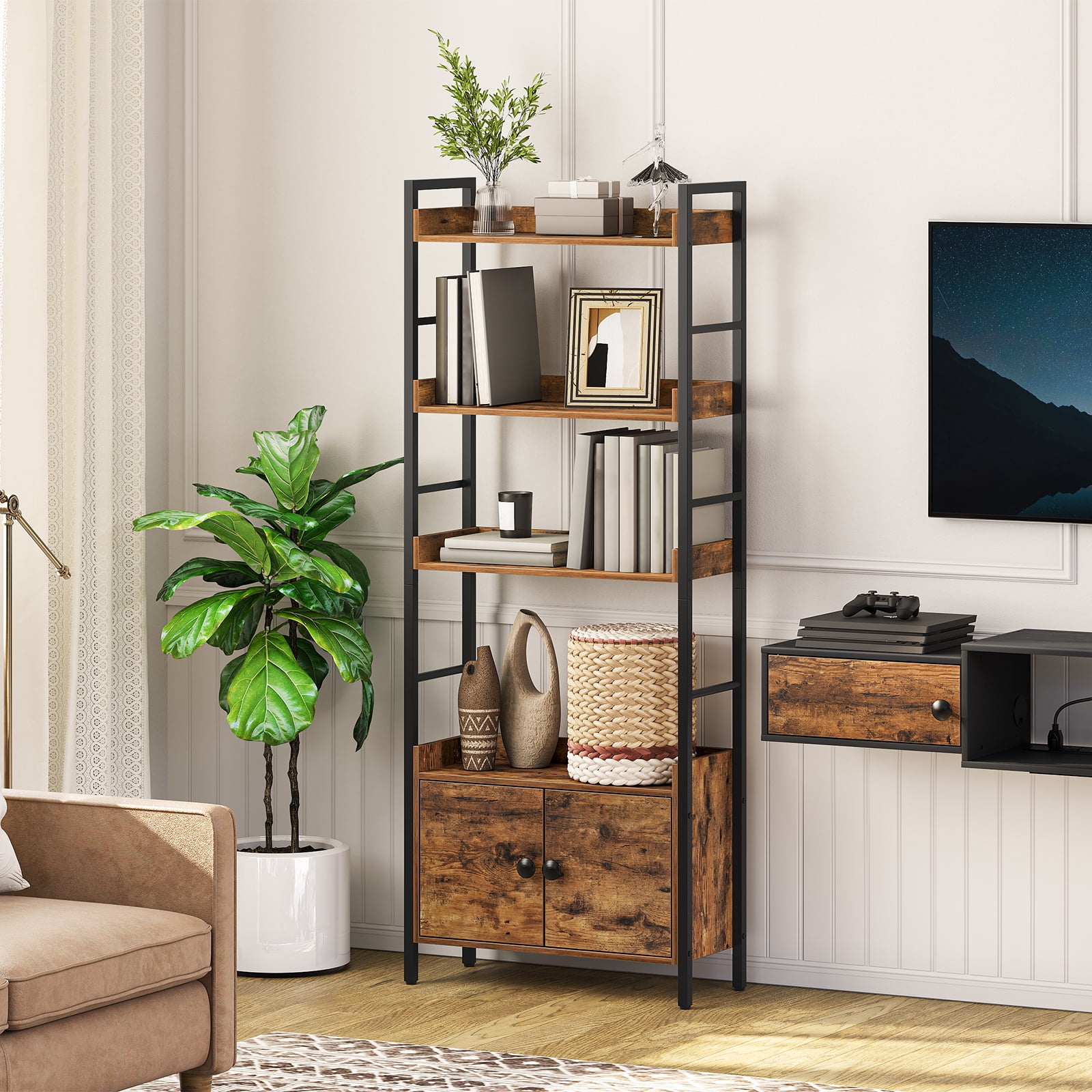 HOOBRO 4-Tier Bookshelf with Doors, Industrial Bookcase with Storage ...