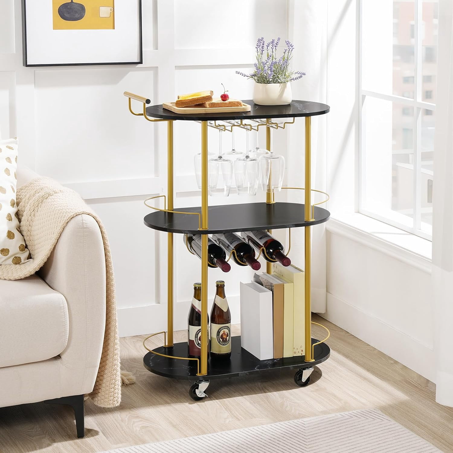 HOOBRO Bar Cart Gold, 3-Tier Home Bar Serving Cart with Lockable Wheels ...
