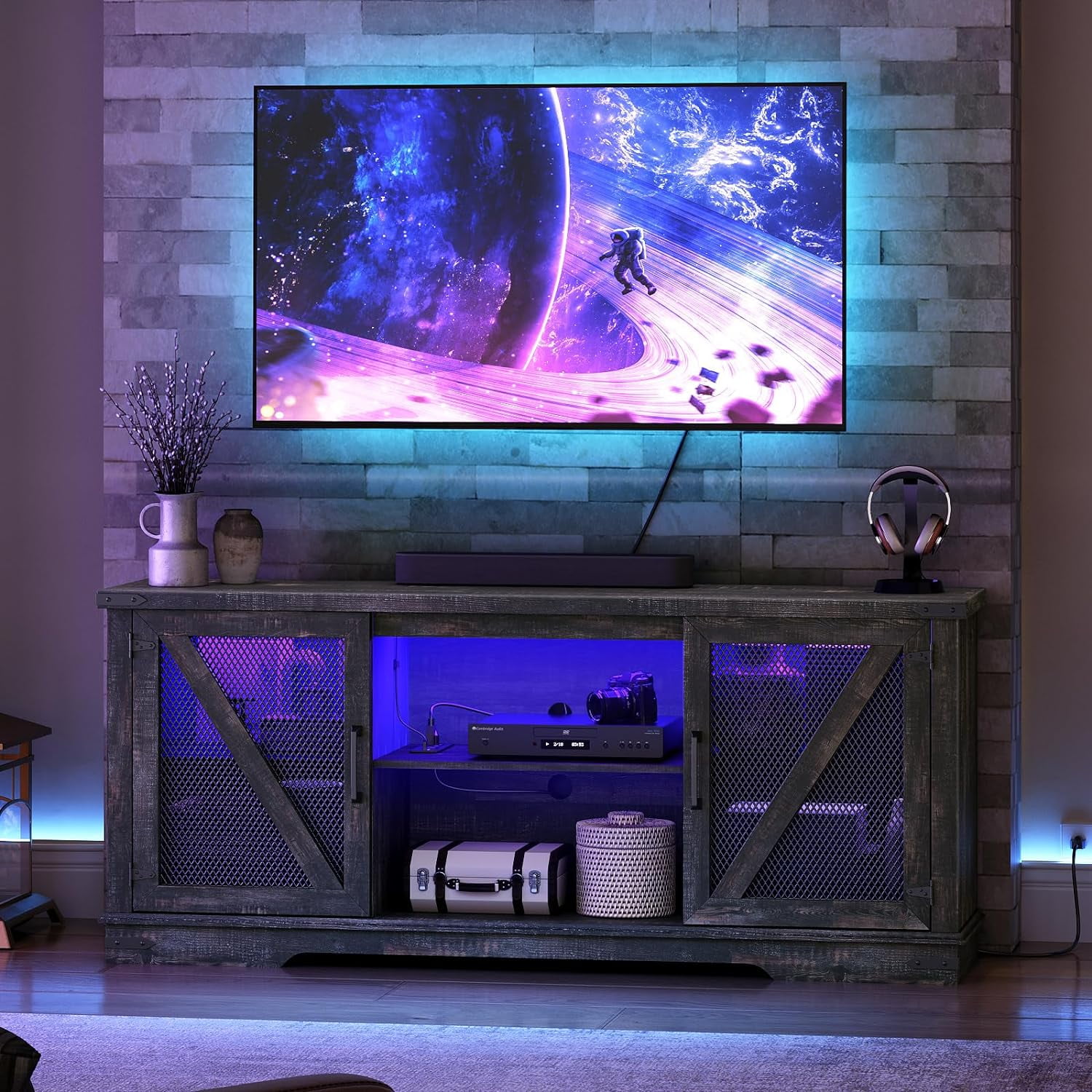 HOOBRO Farmhouse TV Stand with LED Lights and Power Outlets for 75 Inch ...