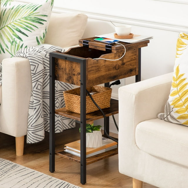 HOOBRO Modern Wooden Side Table, Flip Narrow End Table with Power ...