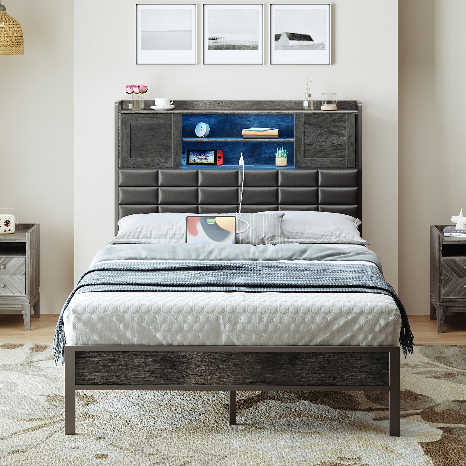 HOOBRO Full Size Bed Frame, Industrial Style with Charging Station and ...