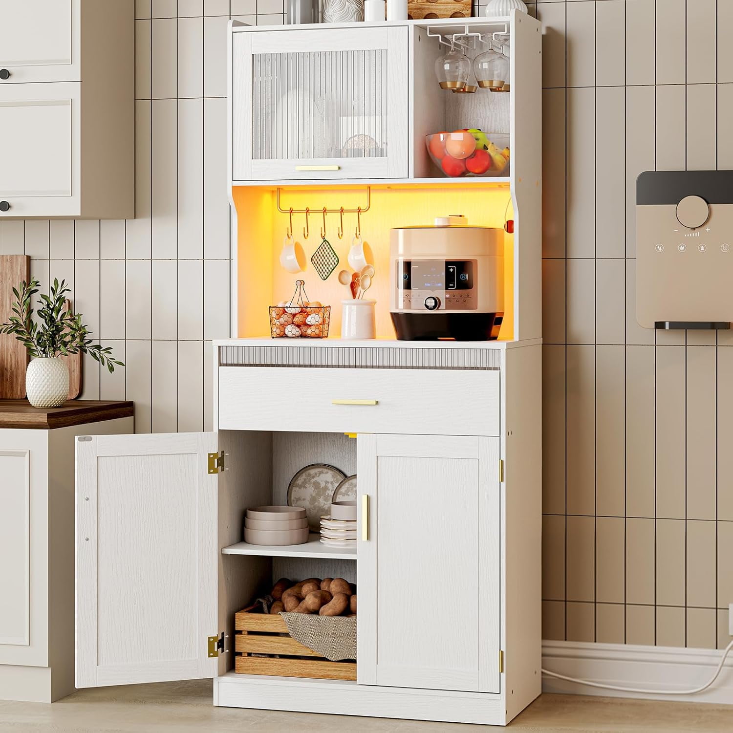 HOOBRO Pantry Cabinet, Kitchen Pantry Storage Cabinet with LED Lights ...