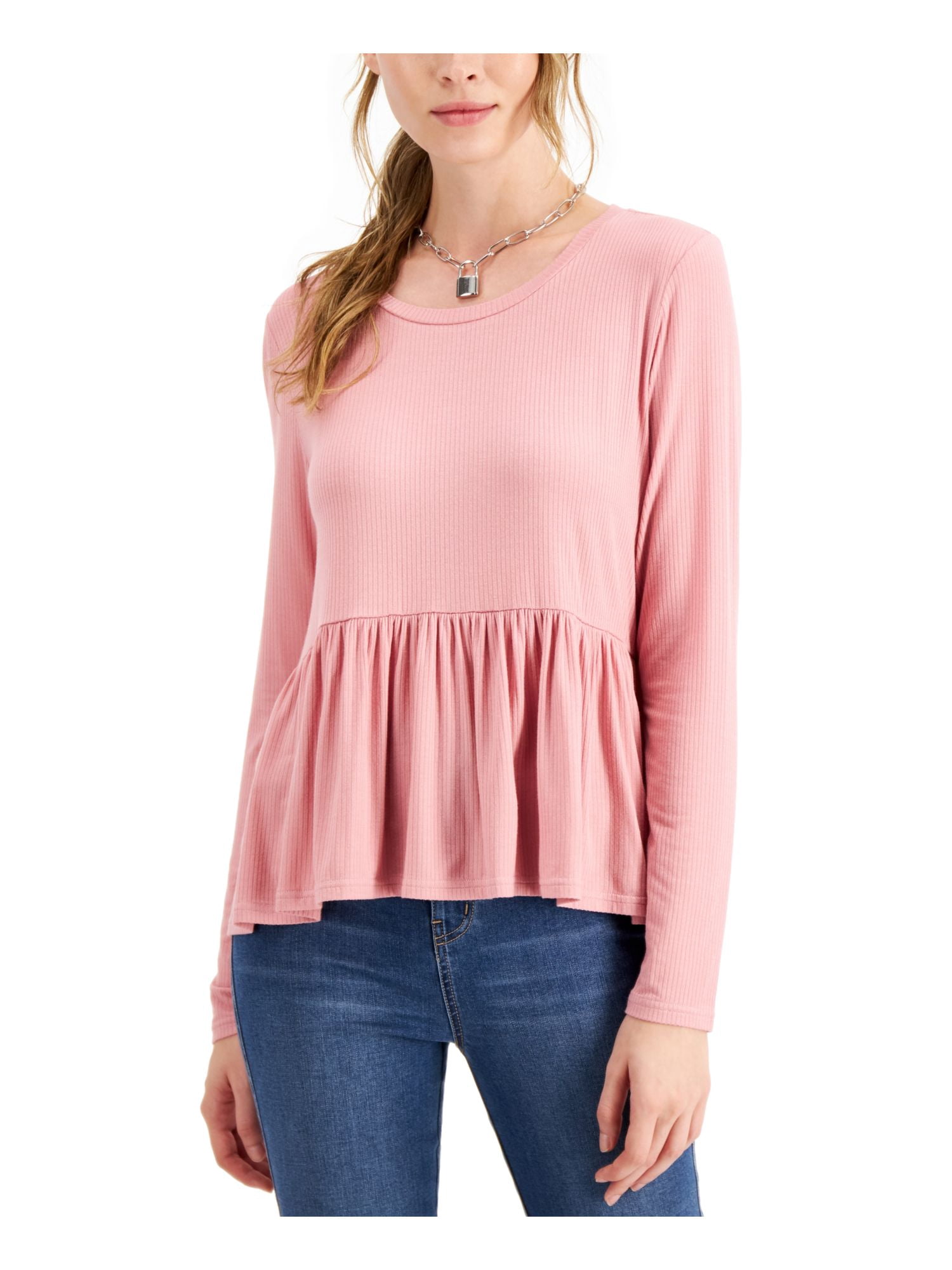 HOOKED UP Womens Pink Stretch Ribbed Textured Pinstripe Long Sleeve ...