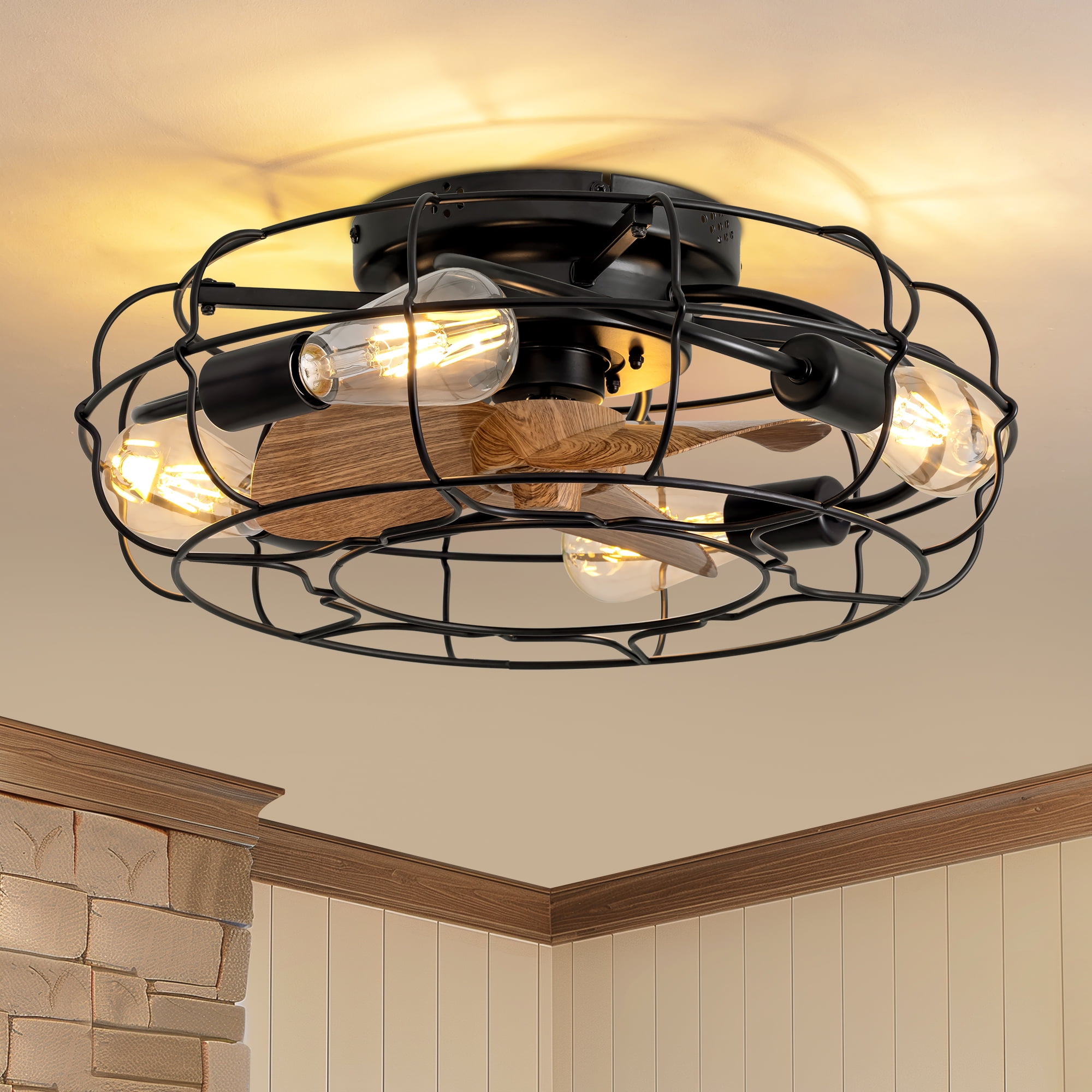 HOOMEDELIER 19" Rustic Caged Ceiling Fan with Light Farmhouse Flush ...