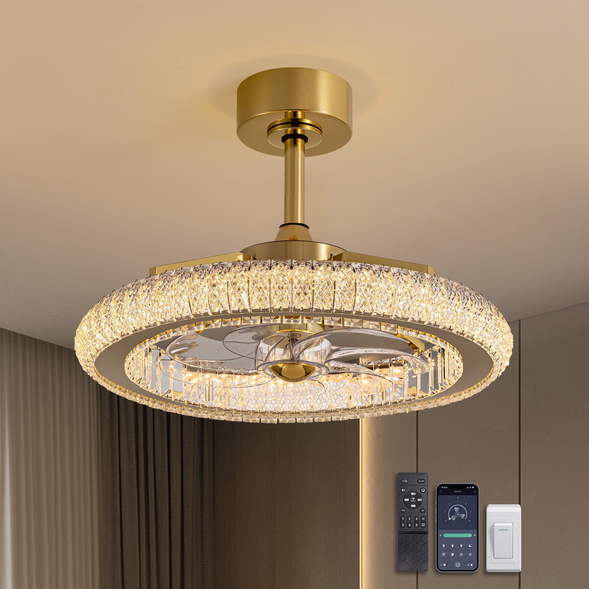 HOOMEDELIER 21" Modern Crystal Chandelier Fan with Light and Remote App ...