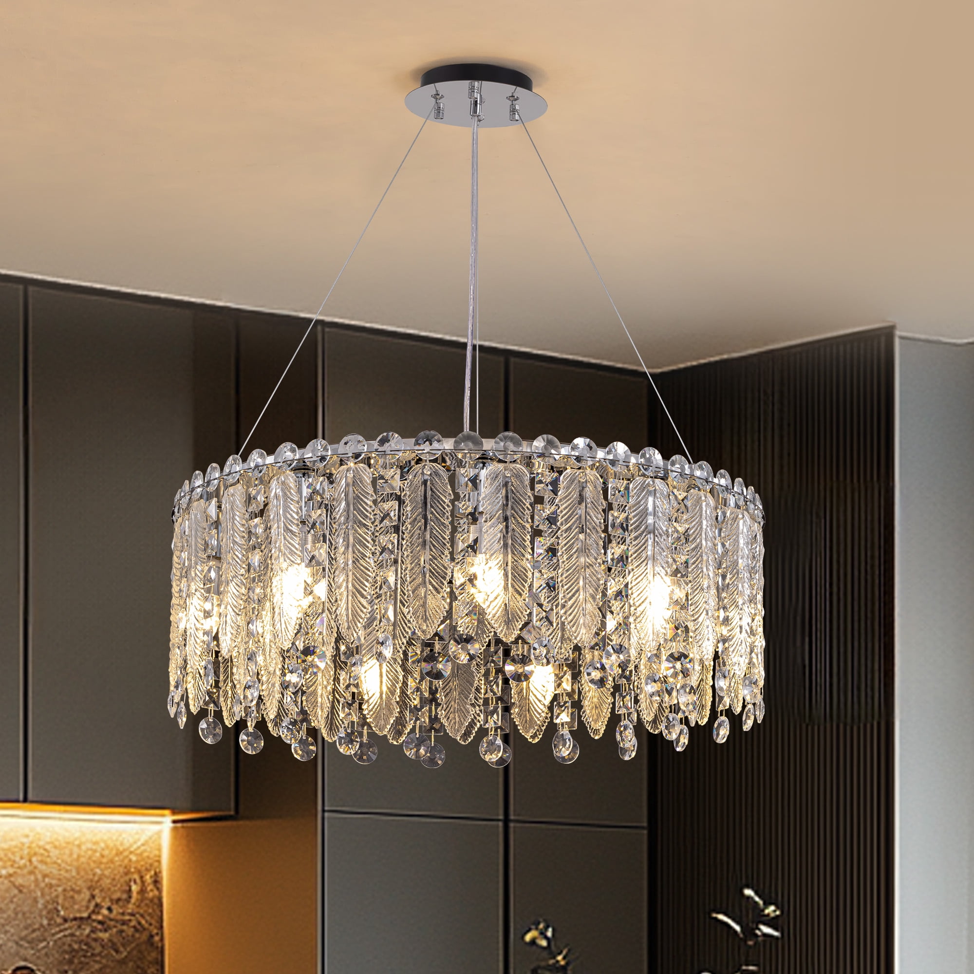 HOOMEDELIER 23.6" Modern Crystal Chandelier for Dining Room Feather ...
