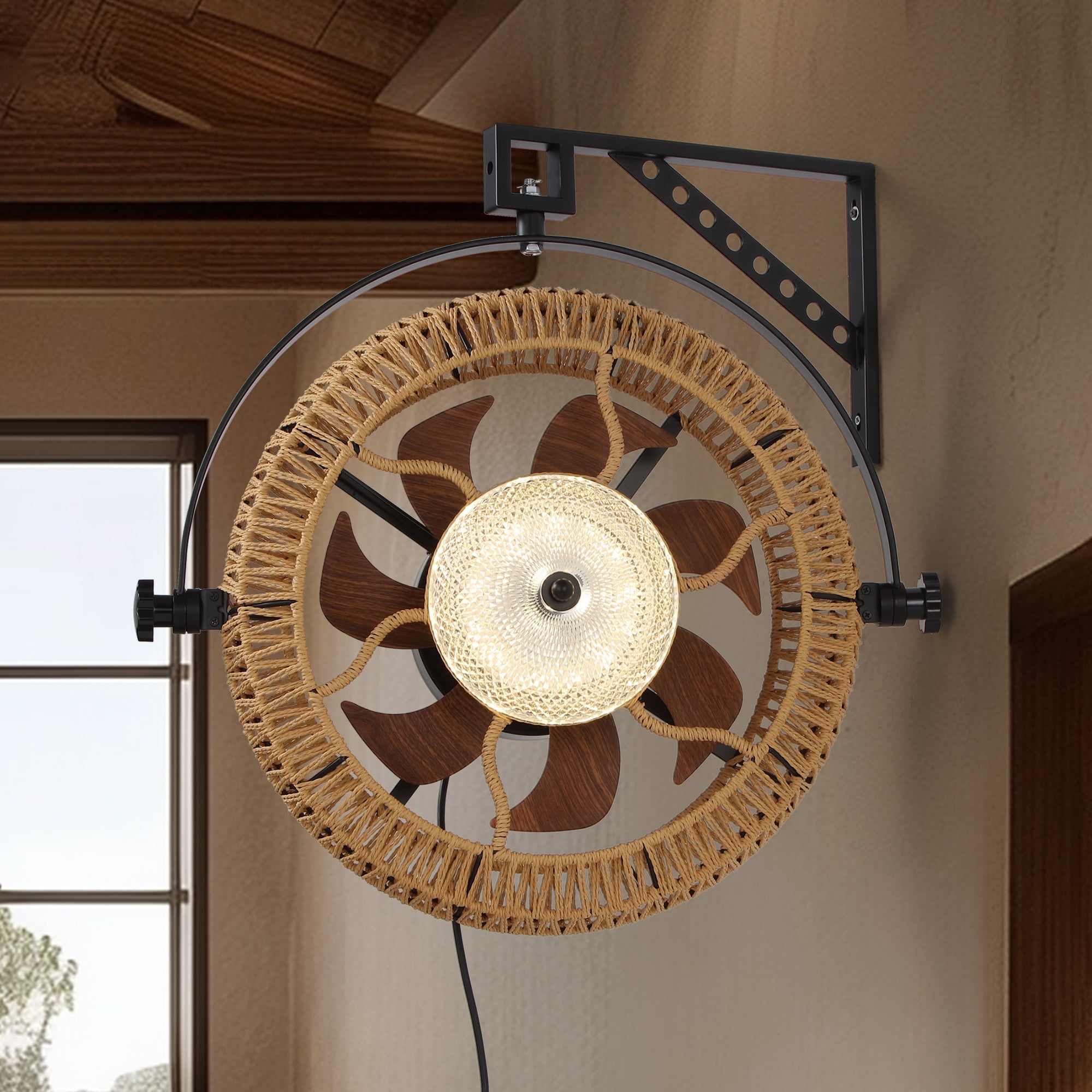 HOOMEDELIER 24.8 inch Rustic Wall-Mounted Rattan Ceiling Fan with LED ...